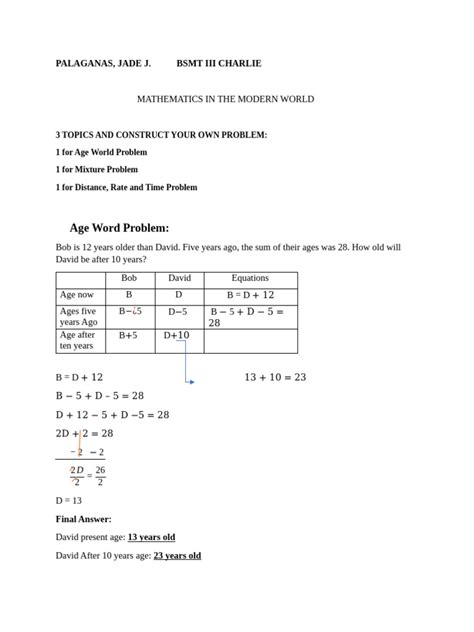 Solving Age Word Problemmixture Problem And Distance Rate And Time