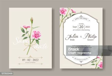 빈티지 웨딩 카드 세트 날짜 템플릿을 저장합니다 핑크 장미 이미지 벡터 개체 그룹에 대한 스톡 벡터 아트 및 기타 이미지 개체 그룹 결혼식 기념일 Istock