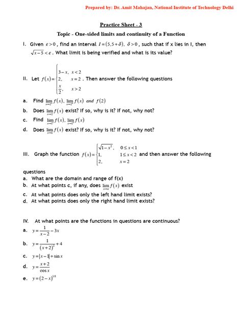 Practice Sheet 3 One Sided Limit And Continuity Pdf Mathematical