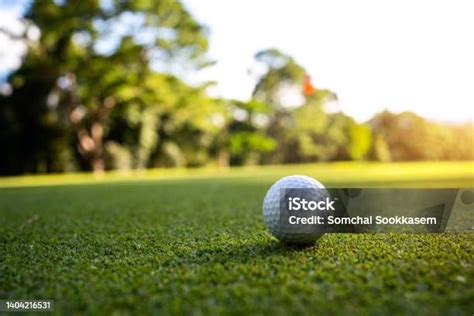 골프 공은 아침 햇살이 있는 아름다운 골프 코스의 녹색 잔디밭에 있습니다 골프에 대한 스톡 사진 및 기타 이미지 골프 관광 Golf Tournament Istock