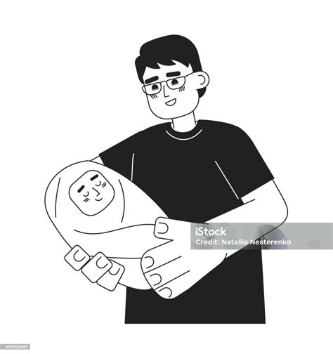 갓 태어난 아기 단색 플랫 벡터 문자를 들고 있는 아시아 아빠 2차 도형에 대한 스톡 벡터 아트 및 기타 이미지 2차 도형
