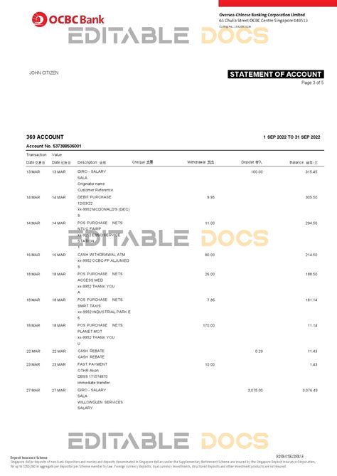 Singapore Ocbc Bank Statement Word And Pdf Template 6 Pages