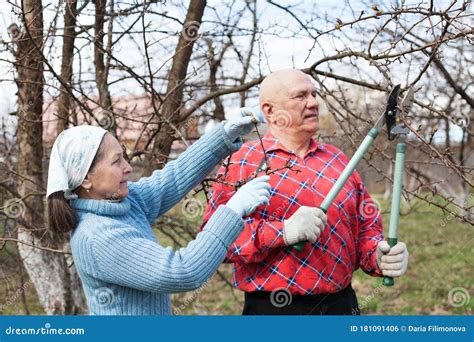 Elderly Couple In Village With Pruners Stock Photo Image Of Mature Pruner 181091406