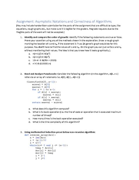 Assignment 1 Asymptotic Notations And Correctness Of Algorithms But
