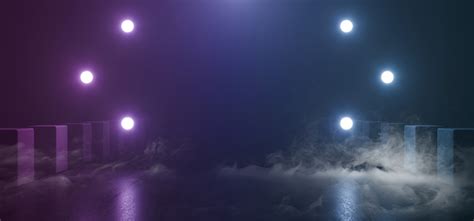 연기 안개 공상 과학 소설 미래 스튜디오 조명 레이저 네온 튜브 빛나는 보라색 파란색 그런 지 콘크리트 바 댄스 단계 연단 차고 지하 빈 3d 렌더링 0명에 대한 스톡 사진