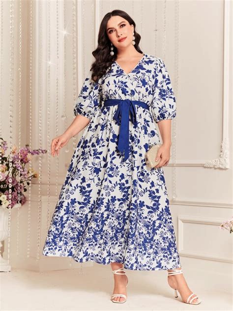 Shein Modely Plus Floral Print Belted Dress Shein Usa