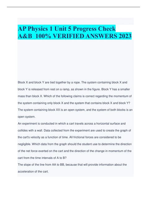 AP Physics 1 Unit 5 Progress Check A B 100 VERIFIED ANSWERS 2023 AP PHYSICS Stuvia US