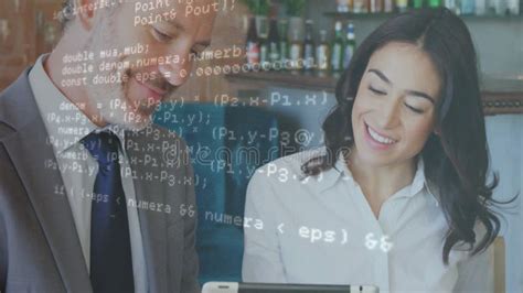 Computer Code Animation Over Smiling Business People Looking At Tablet In Office Stock Video