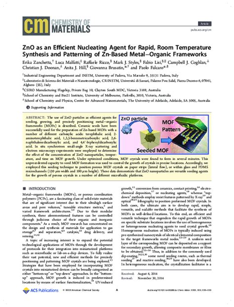 Pdf Zno As An Efficient Nucleating Agent For Rapid Room Temperature Synthesis And Patterning