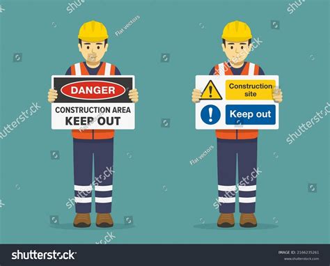 Isolated Construction Worker Holding Warning Sign Stock Vector Royalty Free