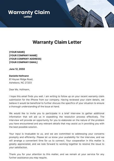 Free Warranty Claim Letter Template To Edit Online
