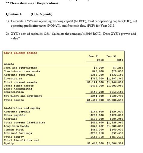 Solved Calculate XYZs Net Operating Working Capital NOWC Chegg Com