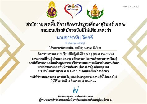 ชนะเลิศ นวัตกรรมวิธีปฏิบัติที่เป็นเลิศ Best Practice ระดับสำนักงานเขตพื้นที่การศึกษา
