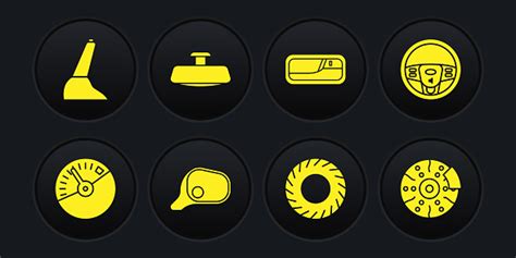 속도계 스티어링 휠 자동차 미러 타이어 도어 핸들 캘리퍼 및 핸드 브레이크 아이콘이있는 브레이크 디스크를 설정합니다 벡터 거울에