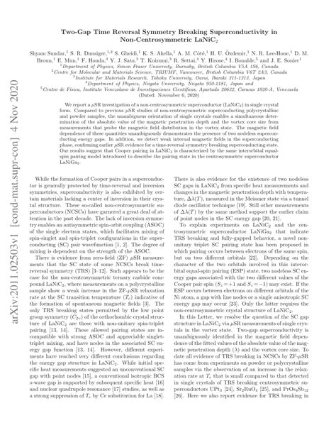 Pdf Two Gap Time Reversal Symmetry Breaking Superconductivity In Non Centrosymmetric Lanic2
