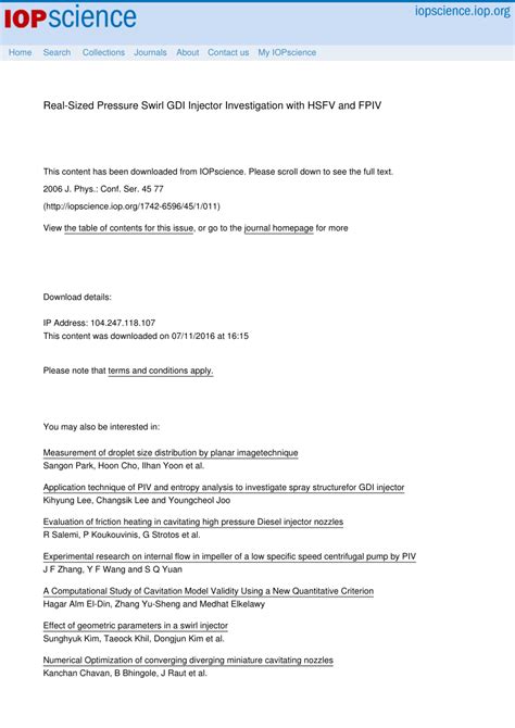 Pdf Real Sized Pressure Swirl Gdi Injector Investigation With Hsfv And Fpiv
