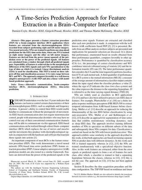 pdf a time series prediction approach for feature extraction in a brain computer interface