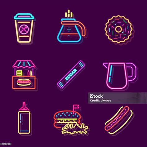 길거리 음식 패스트 푸드 음료 네온 사인 패스트푸드 레스토랑 버거 카페 또는 피자 디자인 빛나는 빛 간판 벡터 네온에 대한 스톡 벡터 아트 및 기타 이미지 Istock