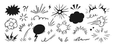 만화 폭발 낙서 붐 폭탄 효과 손으로 그린 선 집중선 동적 모양 버스트 말풍선 구름 퍼프 잽 효과 만화책 스티커를 간략하게 합니다 벡터 세트 감정에 대한 스톡 벡터 아트 및