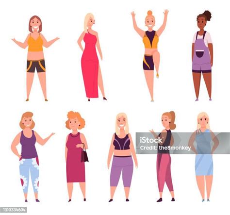 크기 가중 여성 세트 캐주얼과 축제 옷 플랫 만화 캐릭터에 성인 지방 무성한 사람들 개념 건강에 해로운 라이프 스타일의 벡터 그림 개체 그룹에 대한 스톡 벡터 아트 및 기타