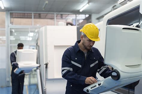산업 공장의 생산 라인에서 Cnc 밀링 머신으로 작업하는 남성 엔지니어 작업자 남성 엔지니어 작업자는 공장에서 터닝 및 밀링을