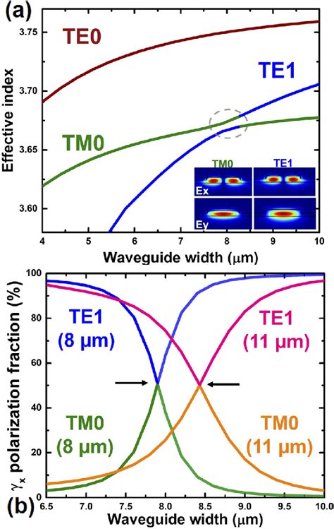 a the calculated effective modal indices vs the waveguide width for