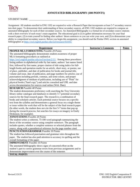 Eng 1102 Annotated Bibliography Grading Sheet Pdf Citation