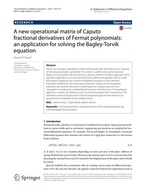 Pdf A New Operational Matrix Of Caputo Fractional Derivatives Of Fermat Polynomials An