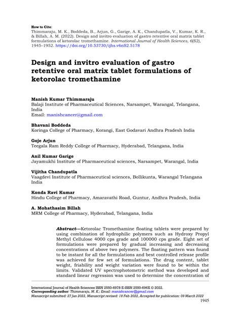 Pdf Design And Invitro Evaluation Of Gastro Retentive Oral Matrix Tablet Formulations Of