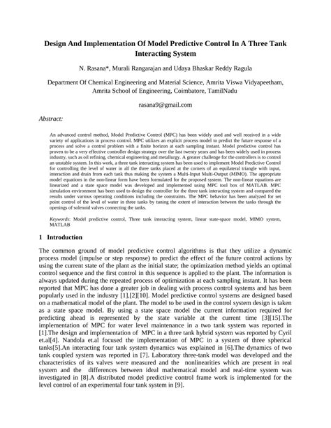 Pdf Design And Implementation Of Model Predictive Control In A Three Tank Interacting System