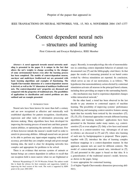 Pdf Context Dependent Neural Nets—structures And Learning