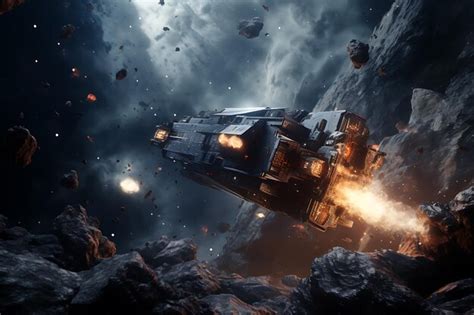 Premium Photo A Spaceship Navigating Through A Dense Asteroid Field