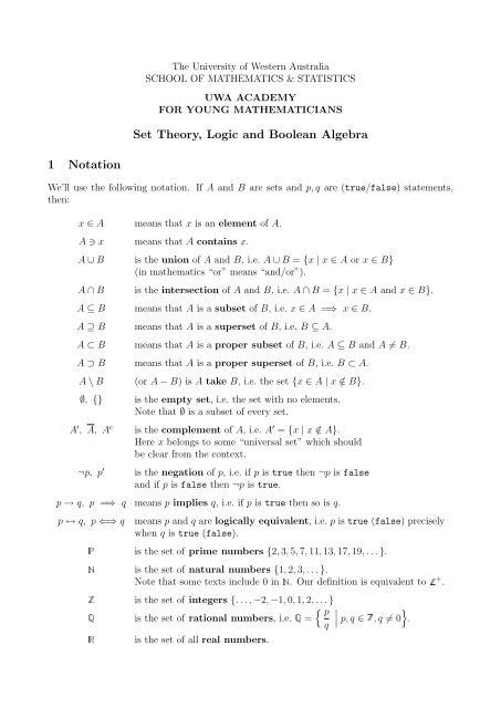 Set Theory Logic And Boolean Algebra 1 Notation The University