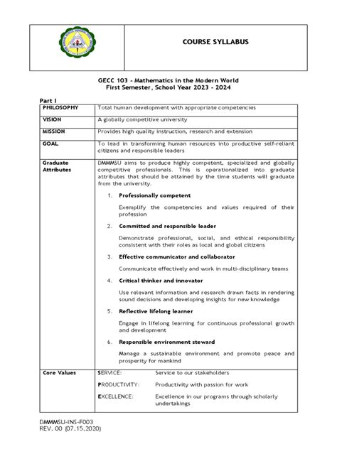 Gecc 103 Syllabus Pdf Mathematics Learning