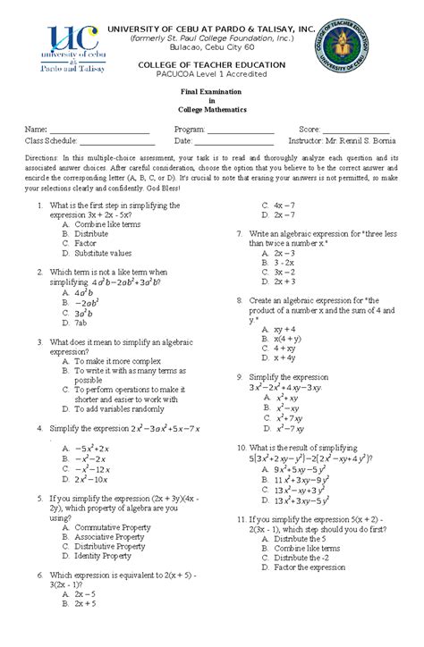 College Math Final Exam University Of Cebu At Pardo And Talisay Inc Formerly St Paul College