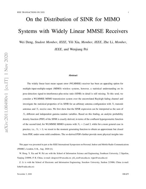 On The Distribution Of Sinr For Mimo Systems With Widely Linear Mmse Receivers Deepai