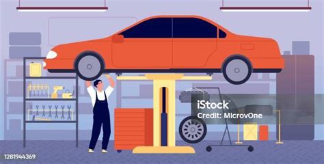 자동차 차고 자동 수리 서비스 공구 장비가있는 워크샵 스테이션 정비차량 수송 체크인 벡터 일러스트 개념에 대한 스톡 벡터 아트