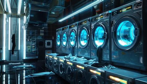 Futuristic Laundromat With Glowing Blue Lights And Advanced Washing