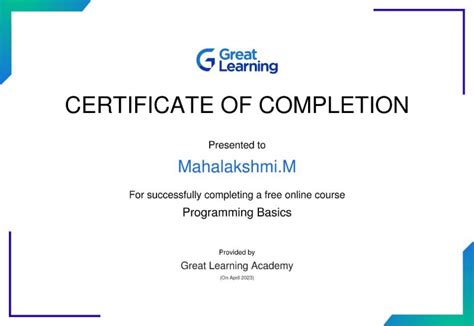 Completed Programming Fundamentals Course By Great Learning Mahalakshmi Manikandan Posted On