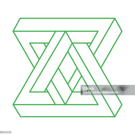 착시 불가능한 모양 신성한 기하학 그림입니다 추상 영원한 기하학적 개체입니다 로고 불가능한 끝없는 개요 광학 예술 흰색 배경에 불가능한 녹색 기하학 모양 3가지 개체에 대한