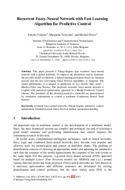 Pdf Recurrent Fuzzy Neural Network With Fast Learning Algorithm For