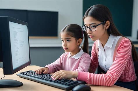 Premium Photo Teacher Teaching Computer To Student Girlpupil Studying