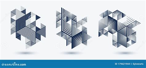 3d Cubes And Triangles Lined Stripy Abstract Vector Backgrounds Set