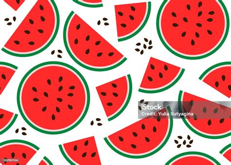 육즙이 많은 수박 매끄러운 패턴 씨앗과 붉은 수박의 조각의 배경 벽지 포장지 직물에 대한 흰색 배경에 벡터 가리기에 대한 스톡 벡터 아트 및 기타 이미지 Istock