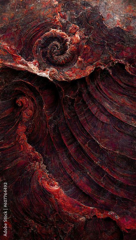 Fossilized Ammonite Sea Shell Spirals Embedded Into Dark Scarlet Red