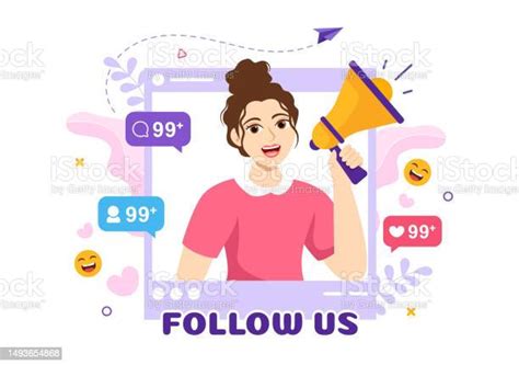 우리를 팔로우하고 손으로 그린 템플릿으로 흥미로운 페이지를 따르는 소셜 미디어 사용자의 인터넷 광고에 대한 벡터 일러스트레이션을 좋아합니다 고객 참여에 대한 스톡 벡터 아트
