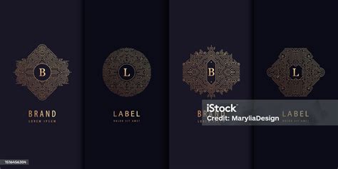 황금 라벨 디자인 패턴의 벡터 집합입니다 원형 아르데코 아이콘 화장품 초콜릿 차 와인 패키지 럭셔리한 왕실 스타일 글자가 있는 빈티지 멋진 간판 아르데코에 대한 스톡 벡터