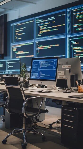 Empty Software Developer Office Workplace With A Desk With Multiple