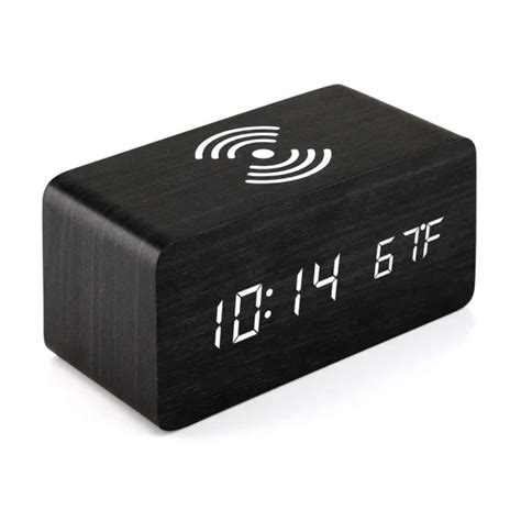Rectangular Shaped Silent LED Display Wooden Alarm Clock With Wireless Charge LED Clock And