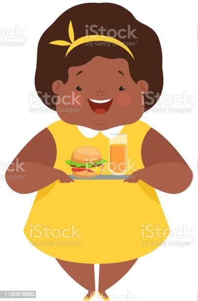 정크 패스트 푸드 귀여운 통 통한 아이 만화 문자 벡터 일러스트 레이 션 흰색 바탕에 행복과 체중 아프리카계 미국인 소녀 건강에 좋지 않은 음식에 대한 스톡 벡터 아트 및